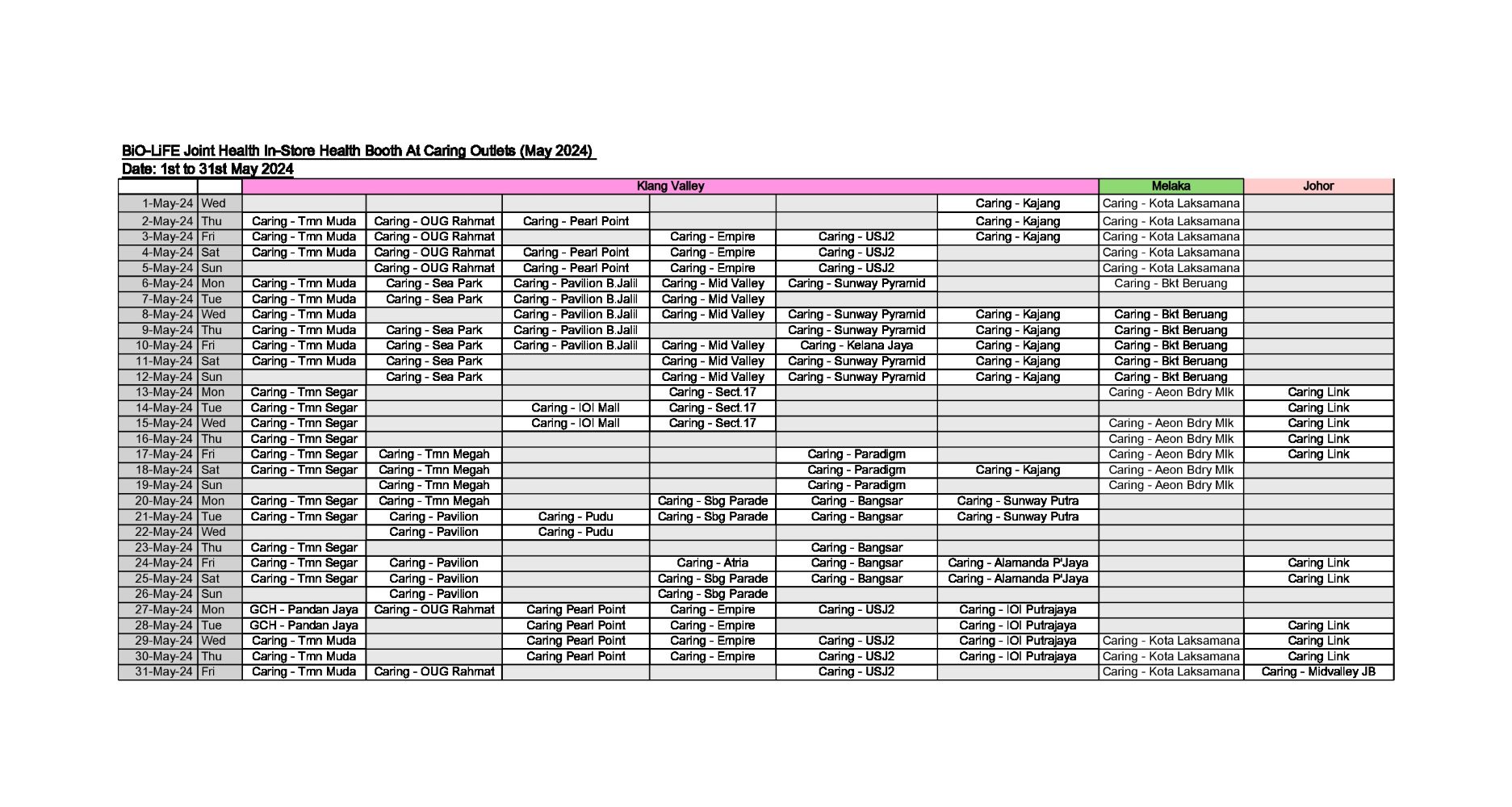 Caring x BiO-LiFE In-store Health Booth’s Schedule - BiO-LiFE